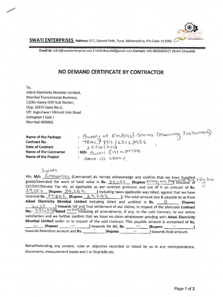 No Demand Certificate | PDF