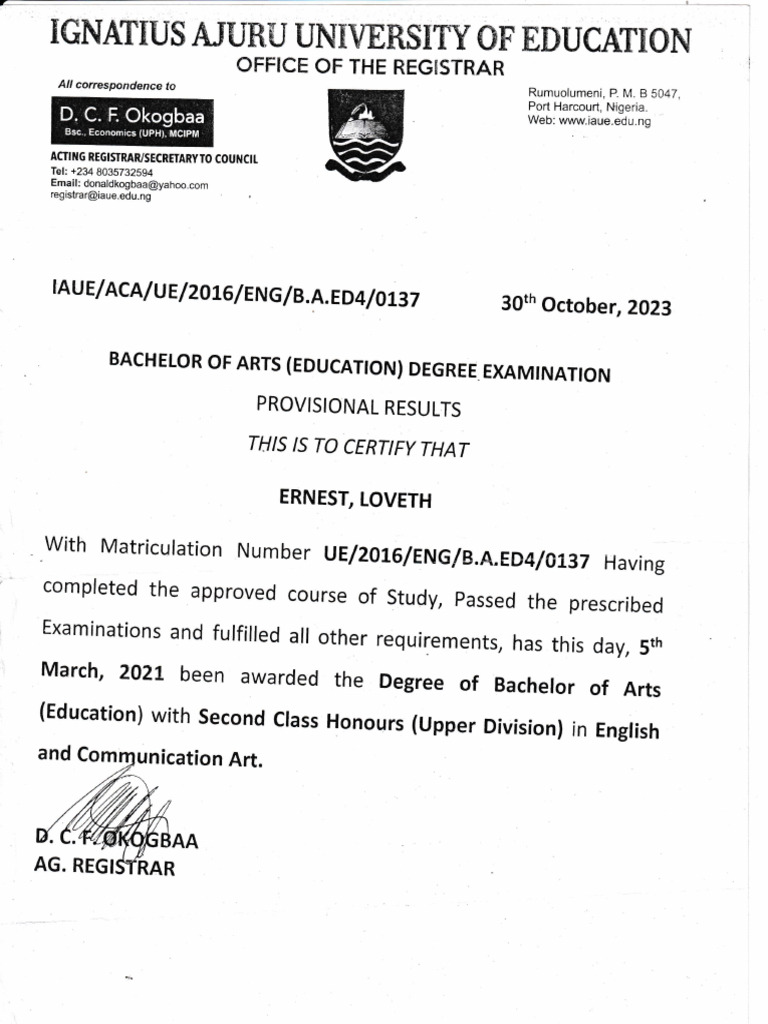Provisional Results: B.A. Education Degree | PDF