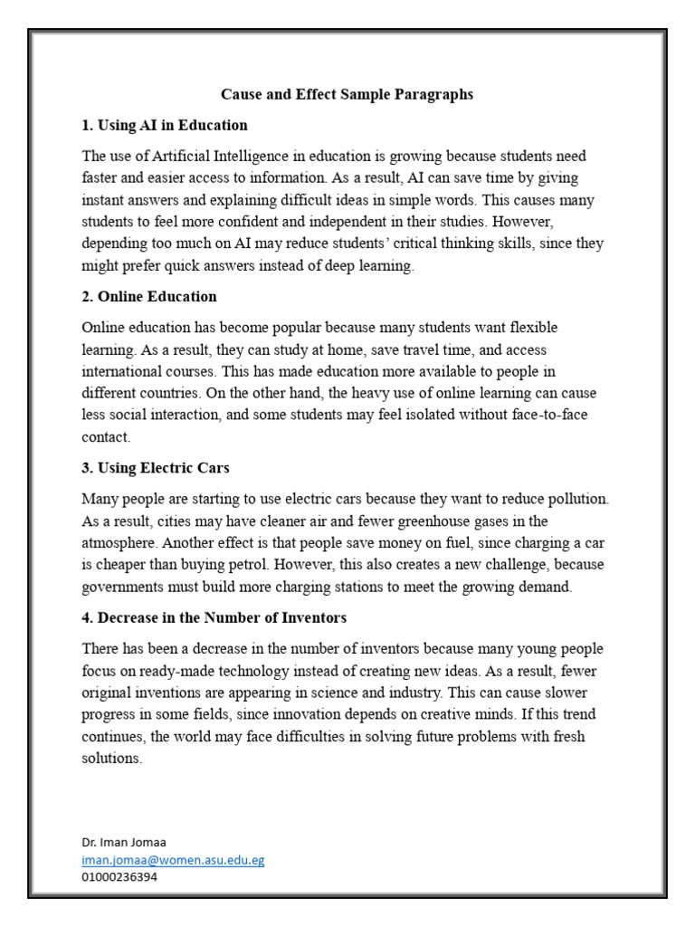 Cause and Effect Sample Paragraphs | PDF