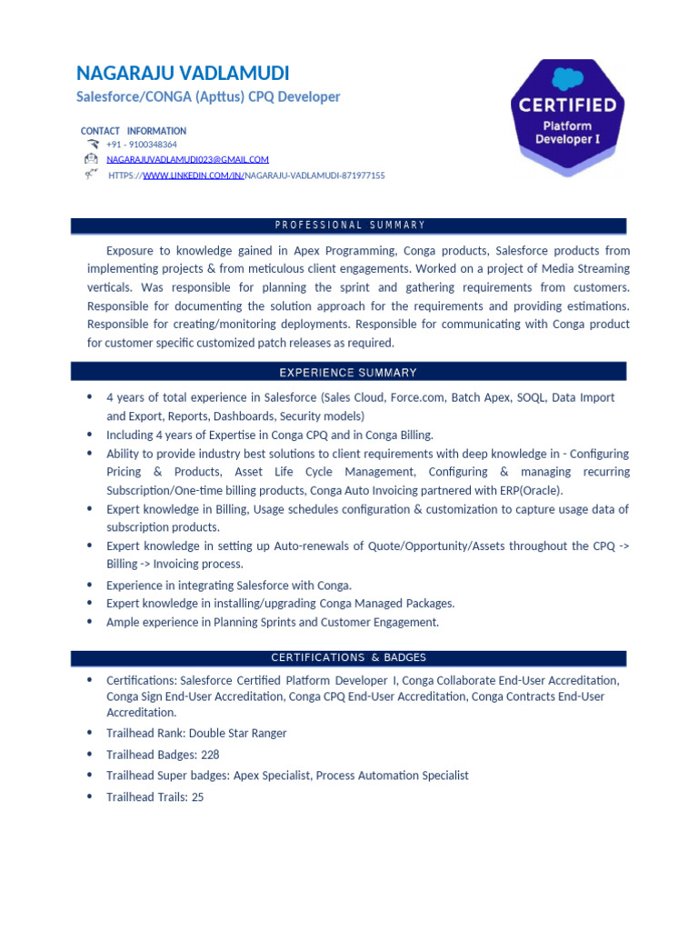 Salesforce Conga CPQ Developer Resume | PDF | Computing | Information ...