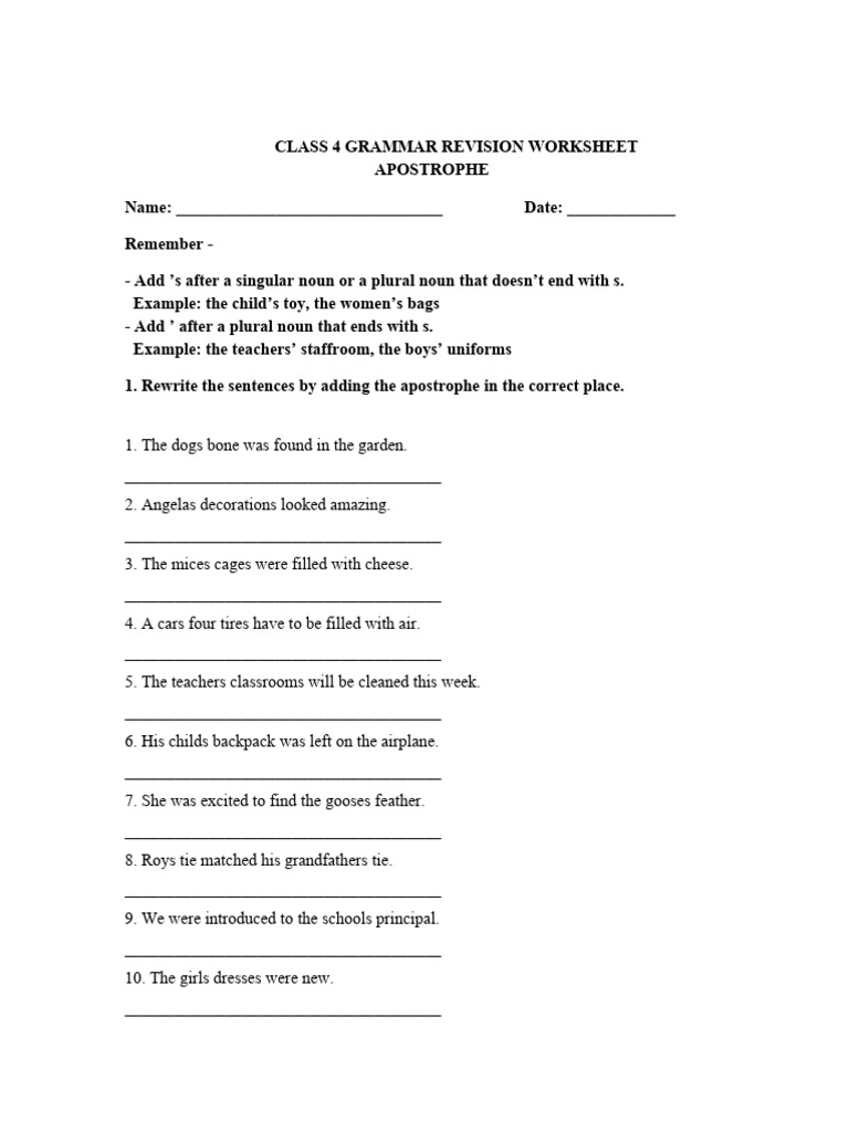 Class 4 Apostrophe Revision Worksheet | PDF