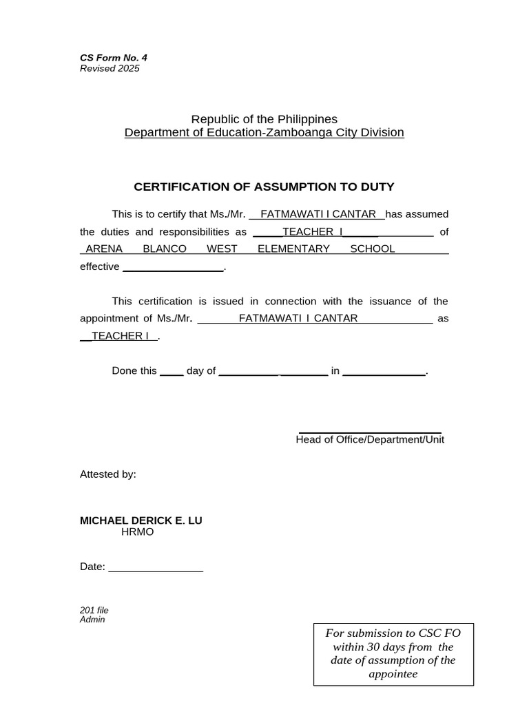 CS Form No. 4 Revised 2025 Certification of Assumption To Duty | PDF