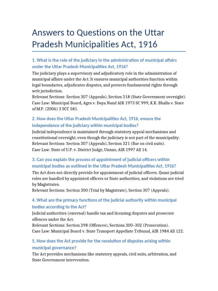 Uttar Pradesh Municipalities Act Answers | PDF | Appeal | Judiciaries