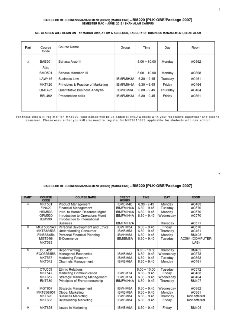 Uitm Class Scedule | Accountability | Marketing