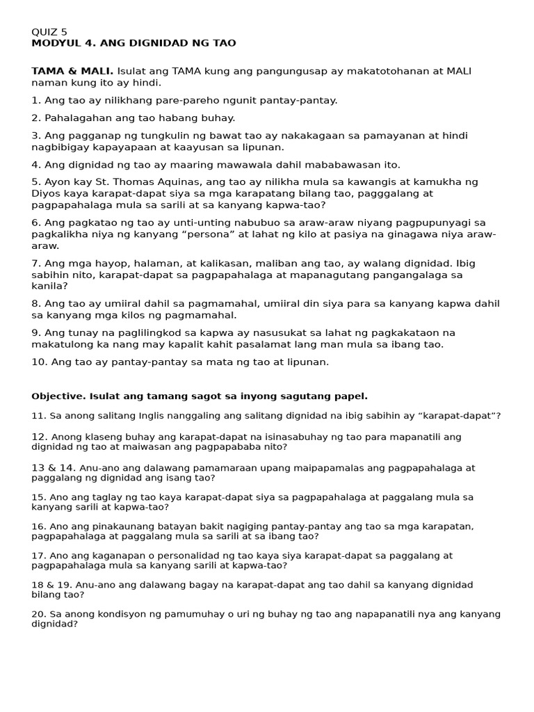 0quiz 5 Ang Dignidad NG Tao | PDF