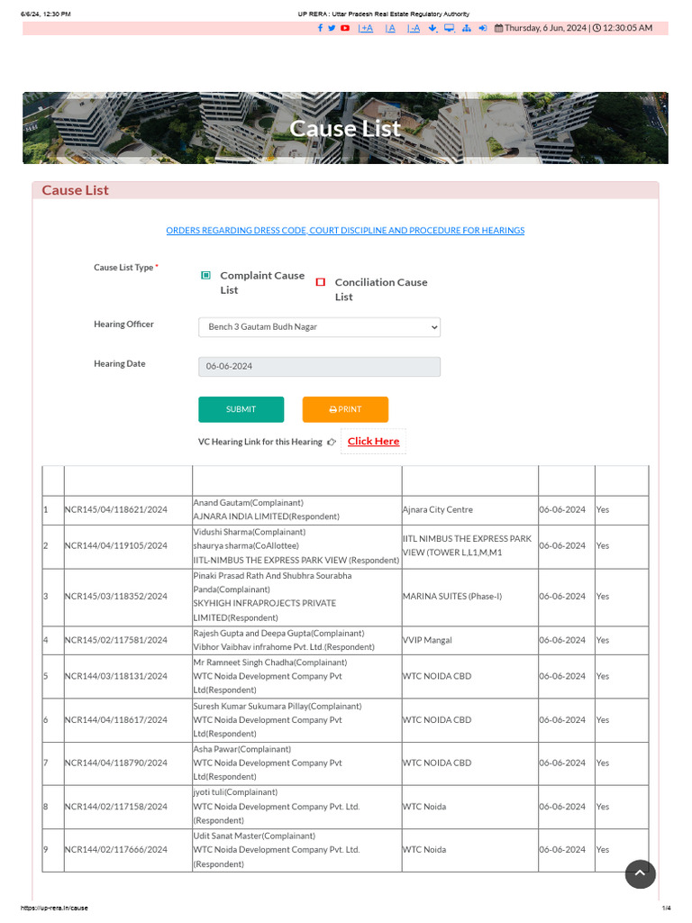 UP RERA - Uttar Pradesh Real Estate Regulatory Authority - Cause List | PDF