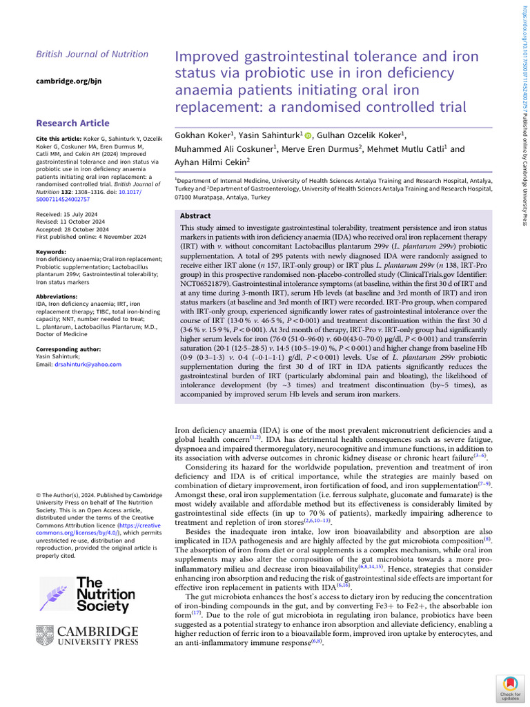 Improved Gastrointestinal Tolerance and Iron Status Via Probiotic Use ...