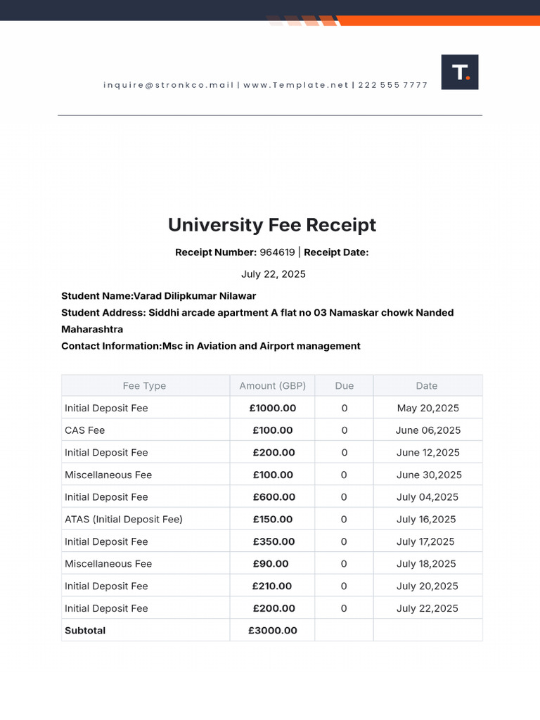 Tuition Fees Receipt Template | PDF