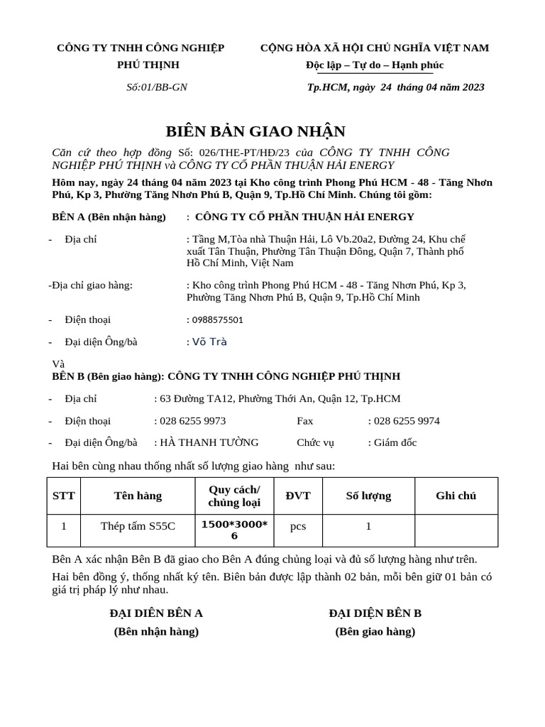 Biên Bản Giao Hàng Cty Thuận Hải | PDF