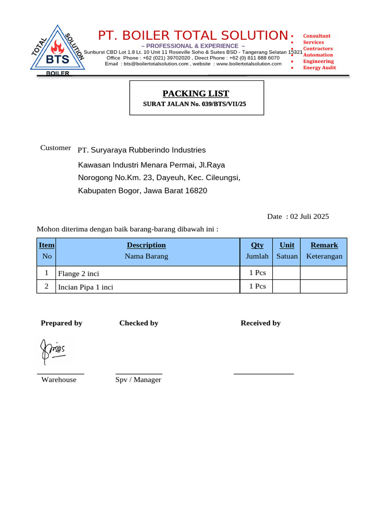 Packing List for PT. Suryaraya Rubberindo | PDF