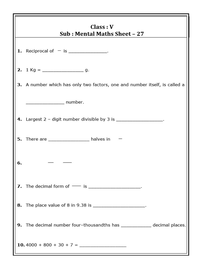 CBSE Class 5 Mathematics Worksheet - Mental Maths | PDF