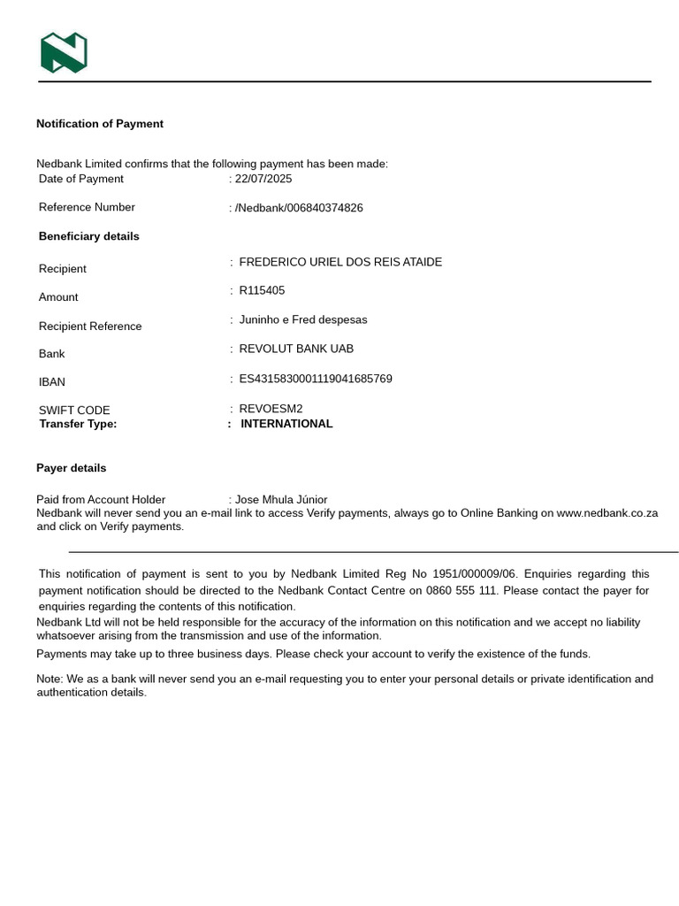 738297644-NEDBANK-Proof-of-Intrrnational-Payment 8 PDF | PDF | Computing