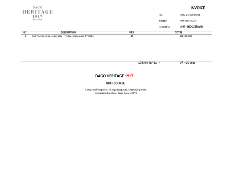 Dago Heritage 1917 Golf Course Invoice | PDF