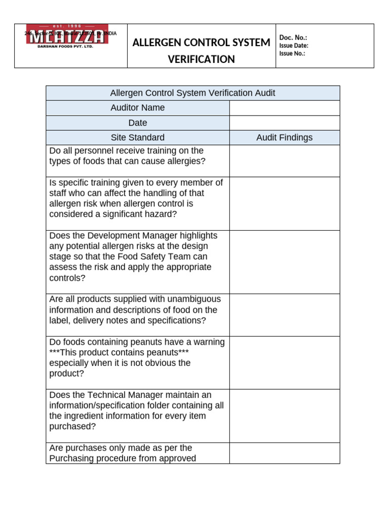 Allergen Control System Audit Guide | PDF | Food Safety | Food Allergy
