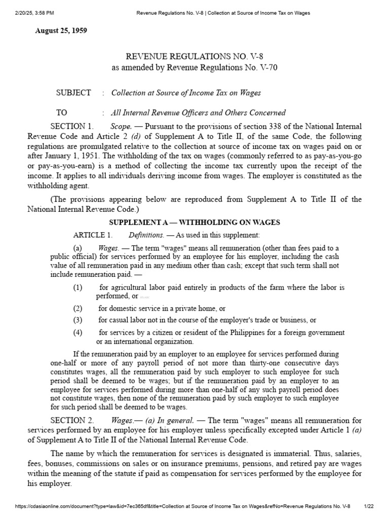 Revenue Regulations No. V-8 - Collection at Source of Income Tax On ...