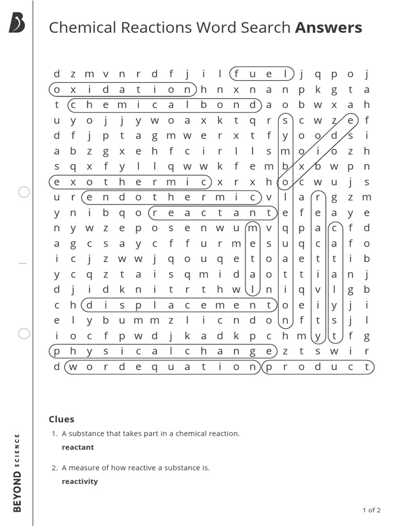 Chemical Reactions Word Search - Answers | PDF | Chemical Reactions ...