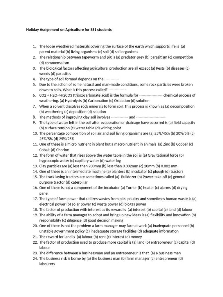 Holiday Assignment On Agriculture For Ss1 - 080814 | PDF | Soil ...