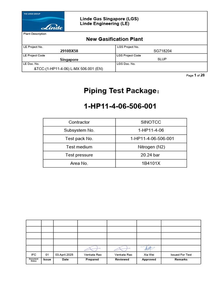 Piping Test Package 1-HP11-4-0 - 00: New Gasification Plant | PDF ...
