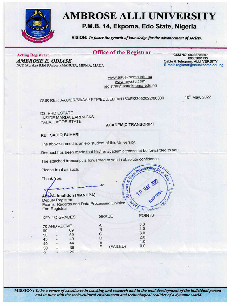 Transcript - Ambrose Alli University-1 | PDF
