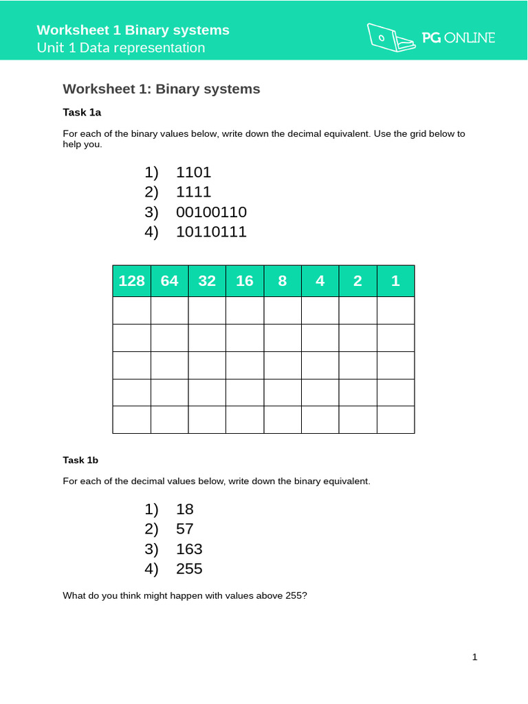 Data Representation Worksheet 1 Binary Systems | PDF | Decimal | Computer Science