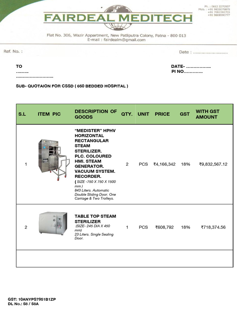 CSSD Equipment Quotation for Hospital | PDF