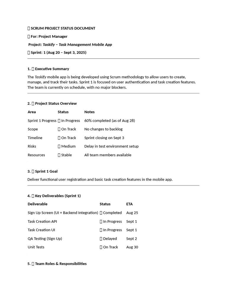 Scrum Project Status Document | PDF | Scrum (Software Development) | Software Engineering
