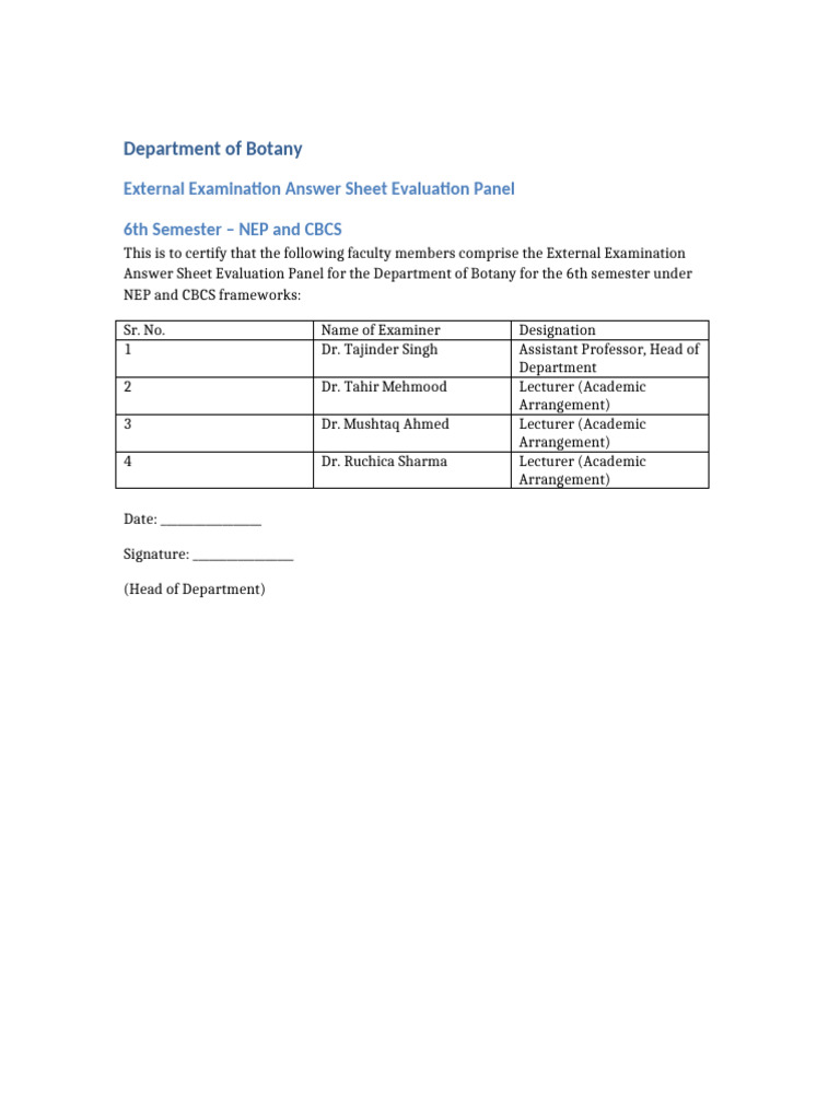 External Examination Evaluation Panel Botany | PDF