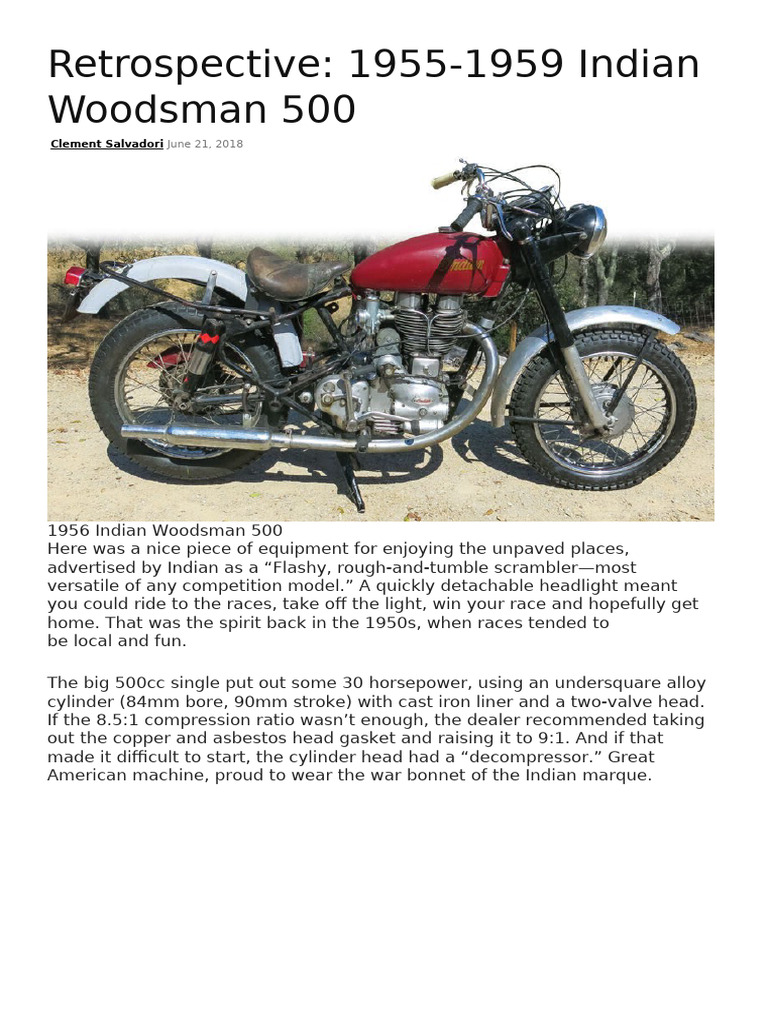 1956 Indian Woodsman 500 Overview | PDF | Land Vehicles | Motor Vehicle