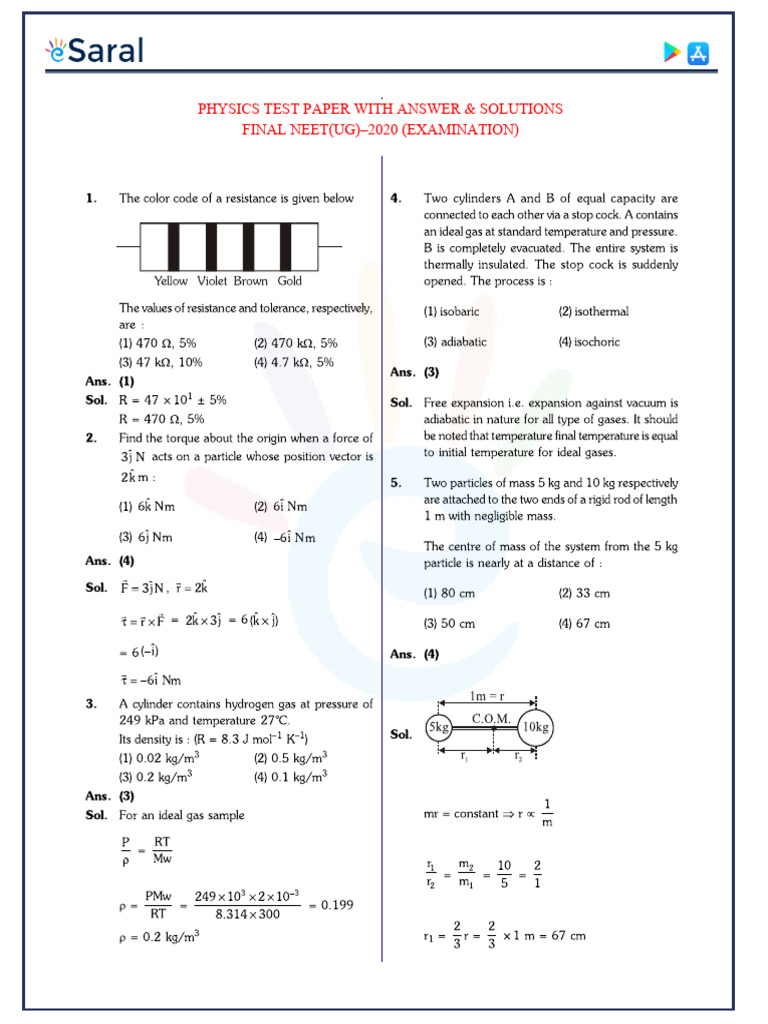 NEET 2020 Physics Question Paper PDF | PDF