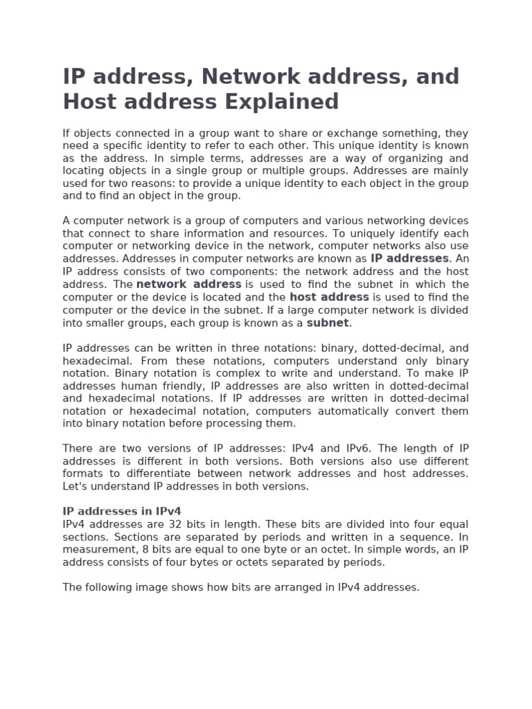 IP Address, Network Address, and Host Address Explained | PDF | Ip Address | Bit