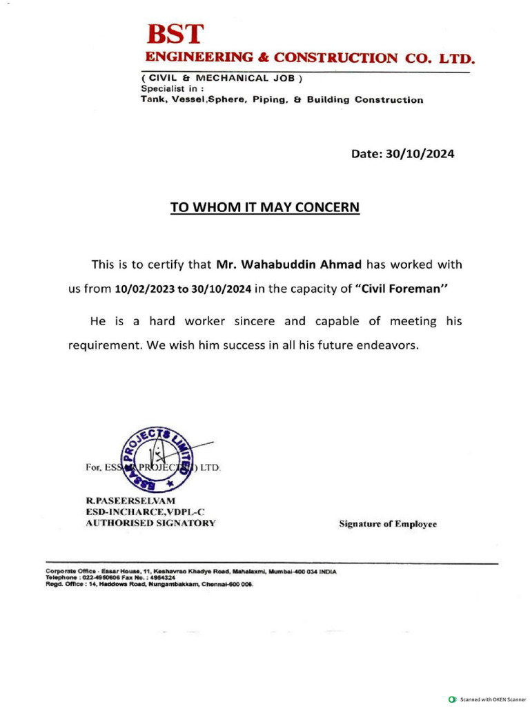 Wahabuddin Civil Foreman | PDF
