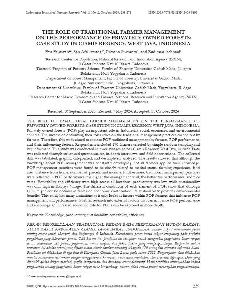 The Role of Traditional Farmer Management On The Performance of Privately Owned Forests: Case ...