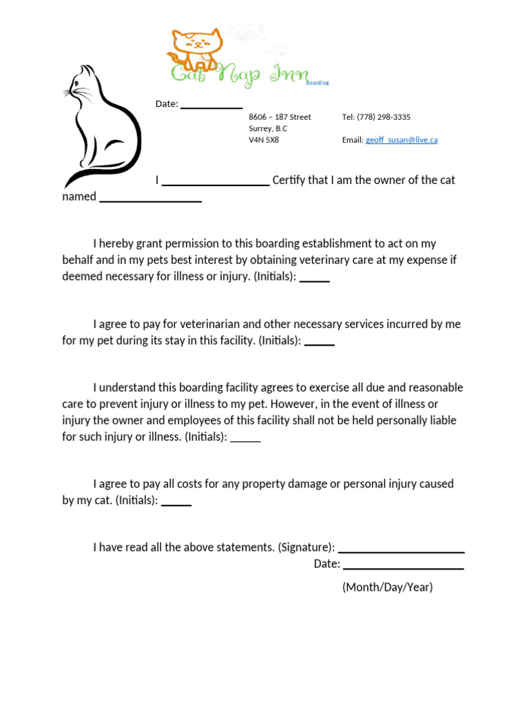 Cat Nap Inn Waiver-New Client | PDF | Domesticated Animals | Human ...