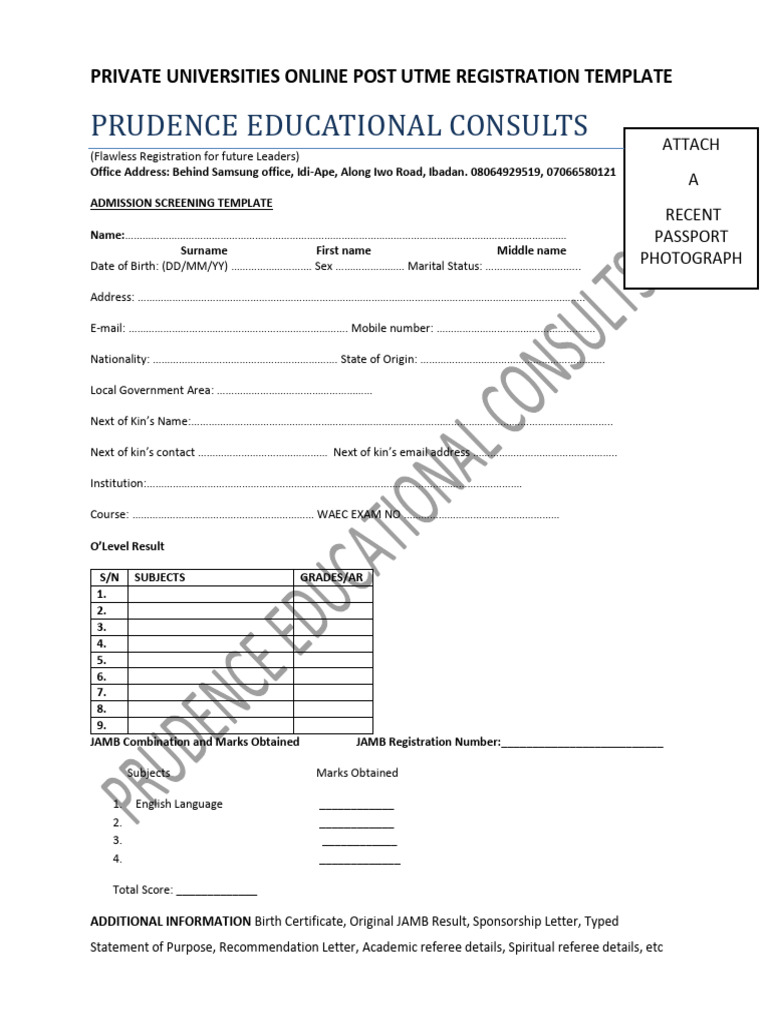 Online Post UTME Registration Template | PDF