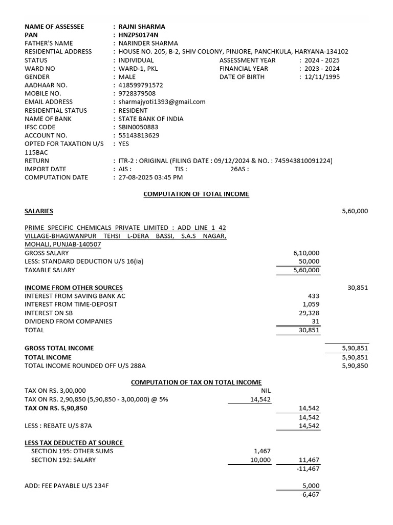Income Tax Return Summary 2024-25 | PDF | Personal Finance | Economies