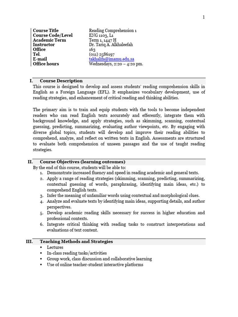 ENG 1103: Reading Comprehension Course | PDF | Reading Comprehension ...