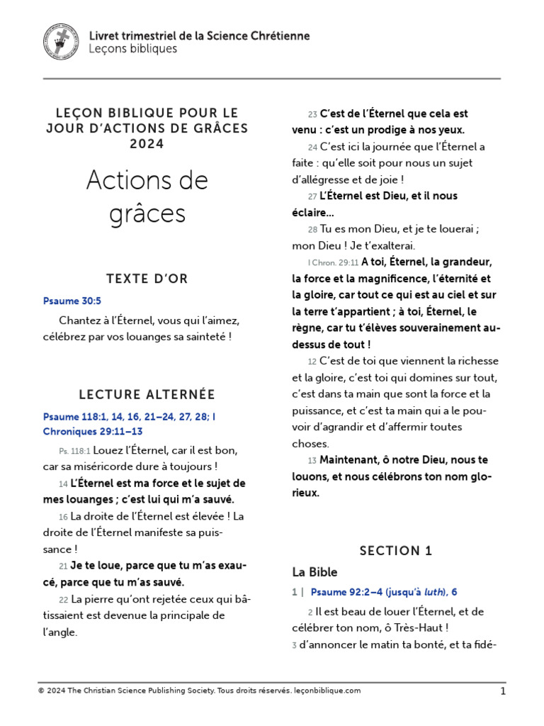Leçon biblique : Actions de grâces 2024 | PDF | Dieu | Jésus