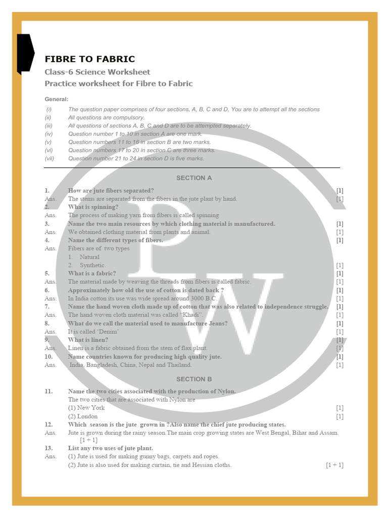 Class-6 Science Worksheet Practice Worksheet For Fibre To Fabric | PDF ...