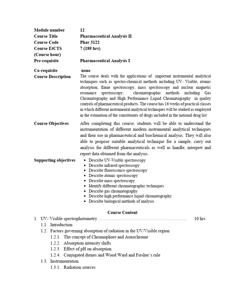 Course Outline - 917394685pharmaceutical Analysis II Course Outline ...