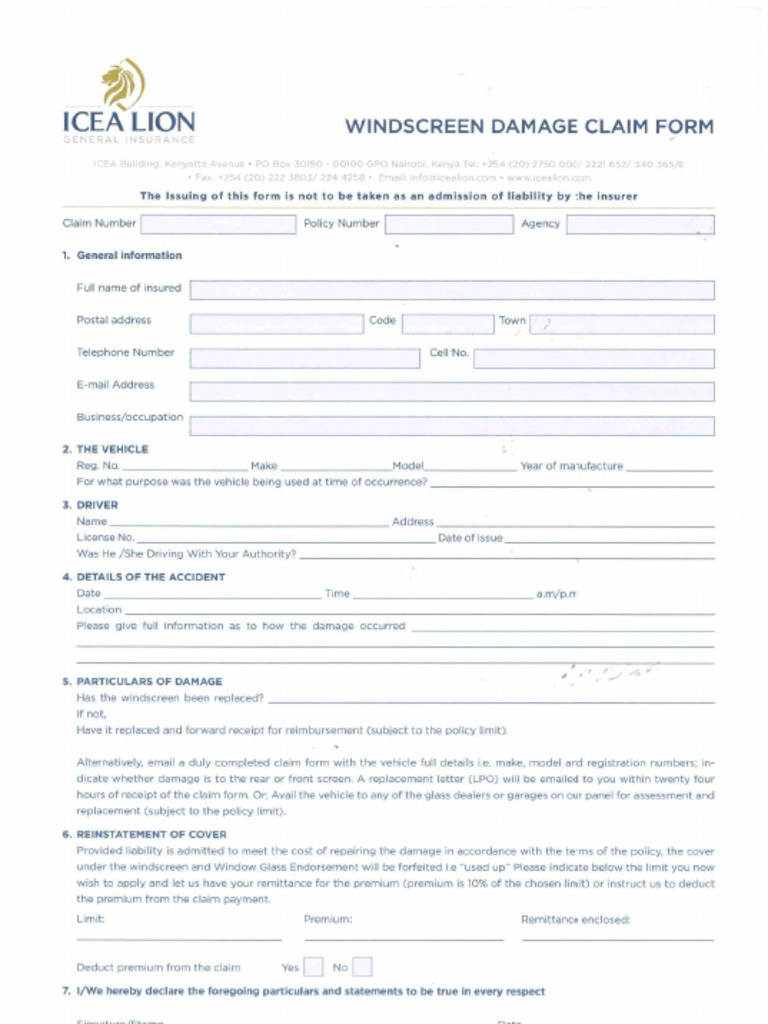 Windscreen Damage Claim Form-Icealion | PDF