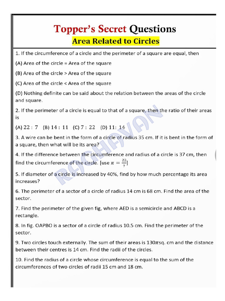 Area Related Circle MEQ | PDF