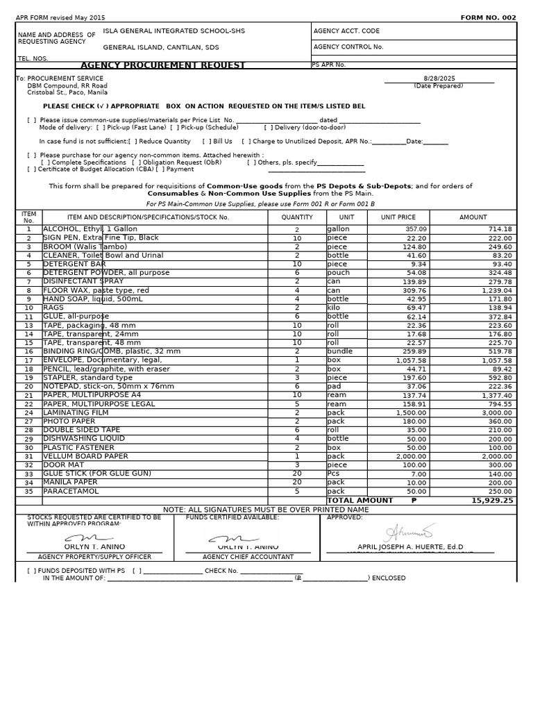 Agency Procurement Request Form 2015 | PDF | Stationery