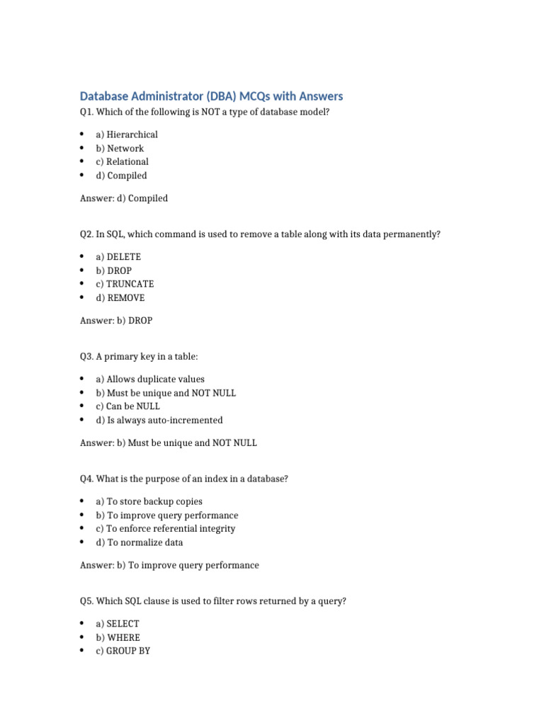 DBA MCQs 500 | PDF | Relational Database | Databases