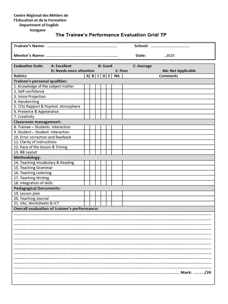 The Trainee's Performance Evaluation Grid TP 4 | PDF