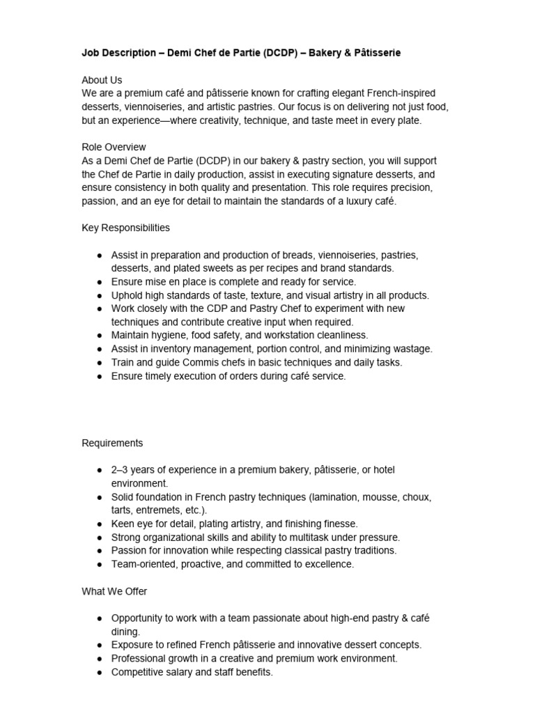 DCDP Job Description: Bakery & Pâtisserie | PDF