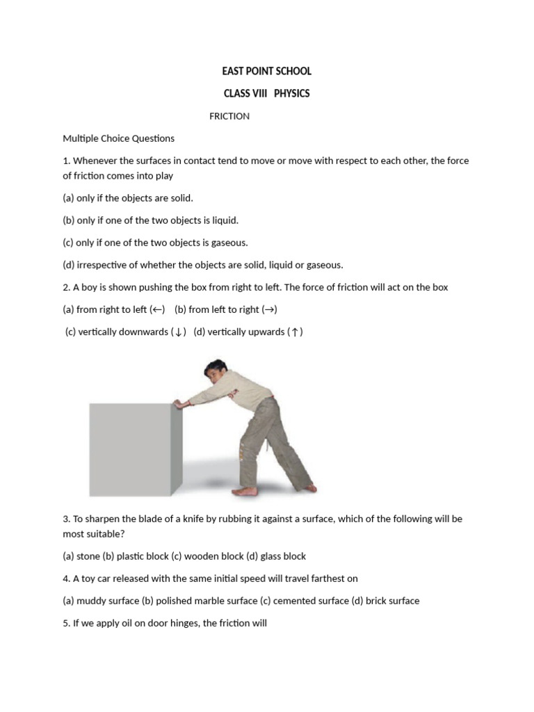Class VIII Physics: Friction MCQs | PDF