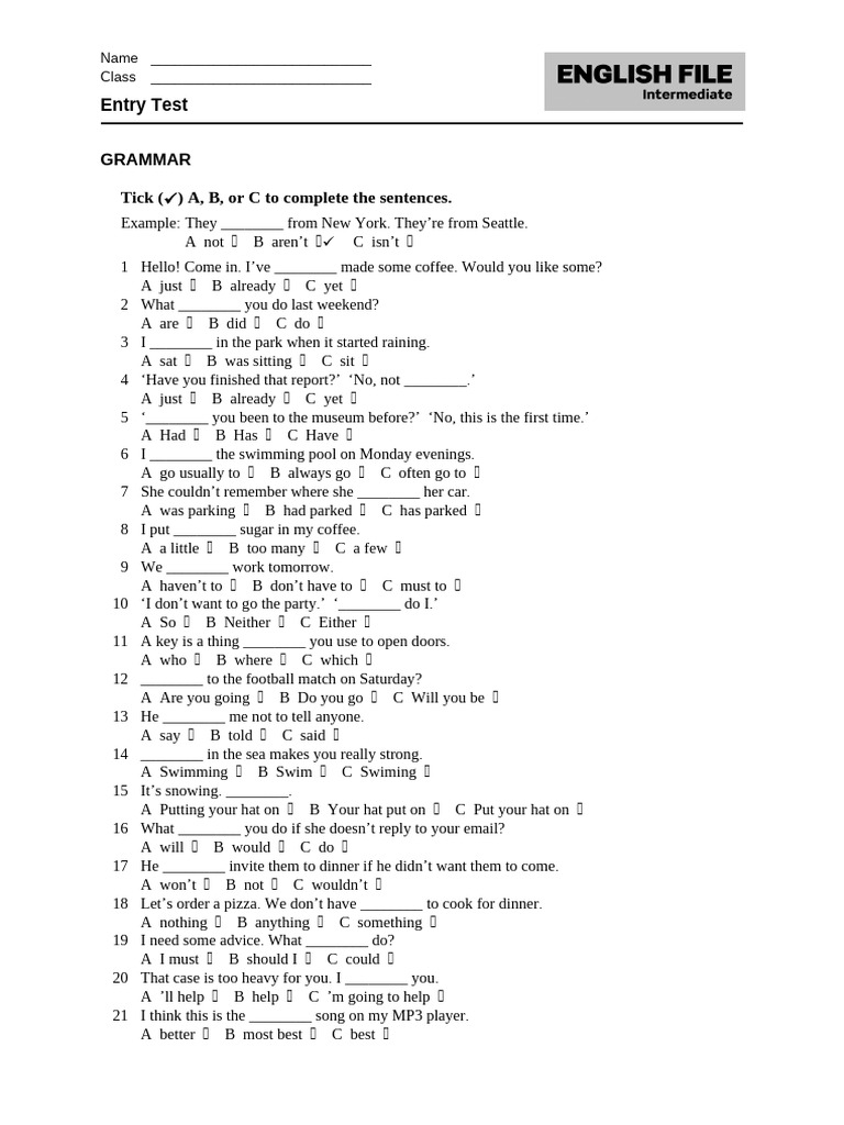 Entry Test: Grammar & Vocabulary | PDF