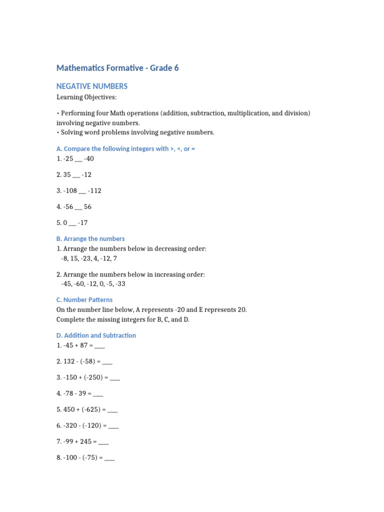 Grade 6 Negative Numbers Worksheet | PDF | Multiplication | Numbers