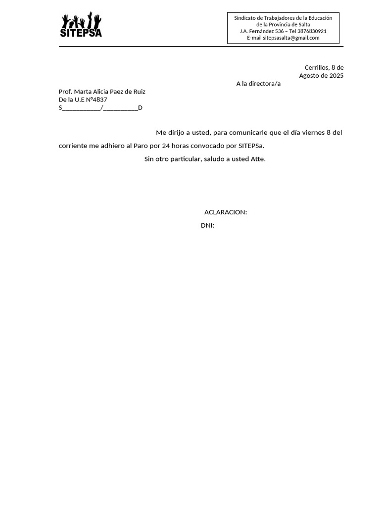 Adhesión al Paro de SITEPSa en Salta | PDF