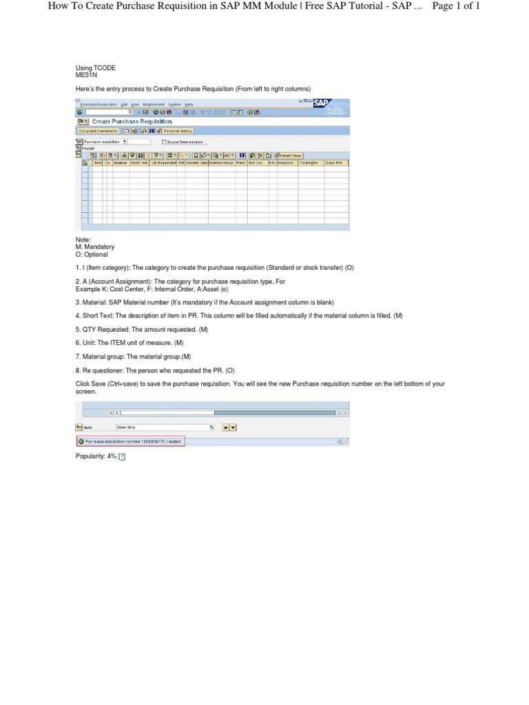How To Create Purchase Requisition in Sap MM Module | PDF